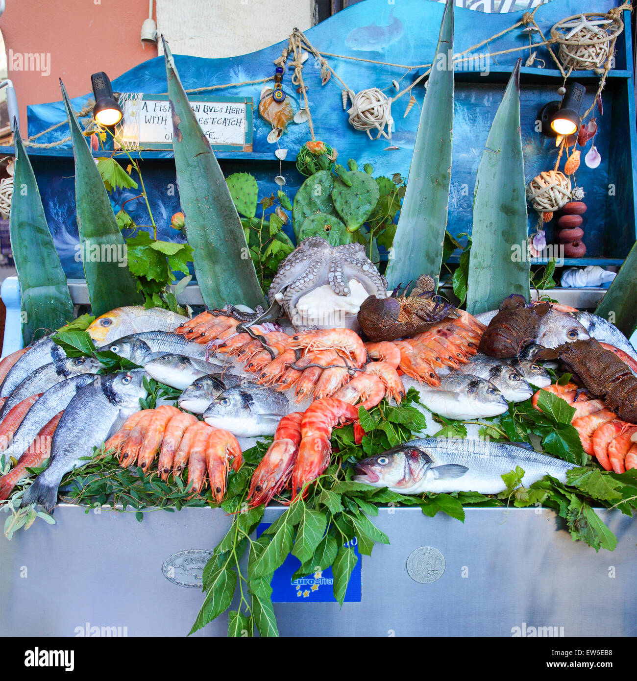 Seafood restaurant display of fish and prawns hi-res stock photography ...
