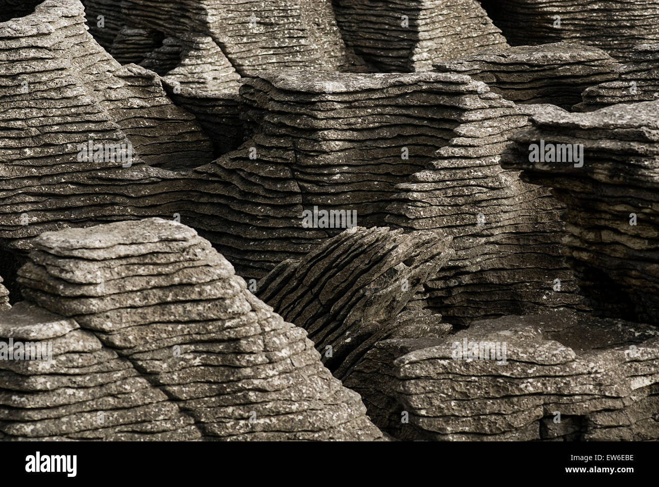 The limestone rock formation known as Pancake Rocks outside Punakaiki ...