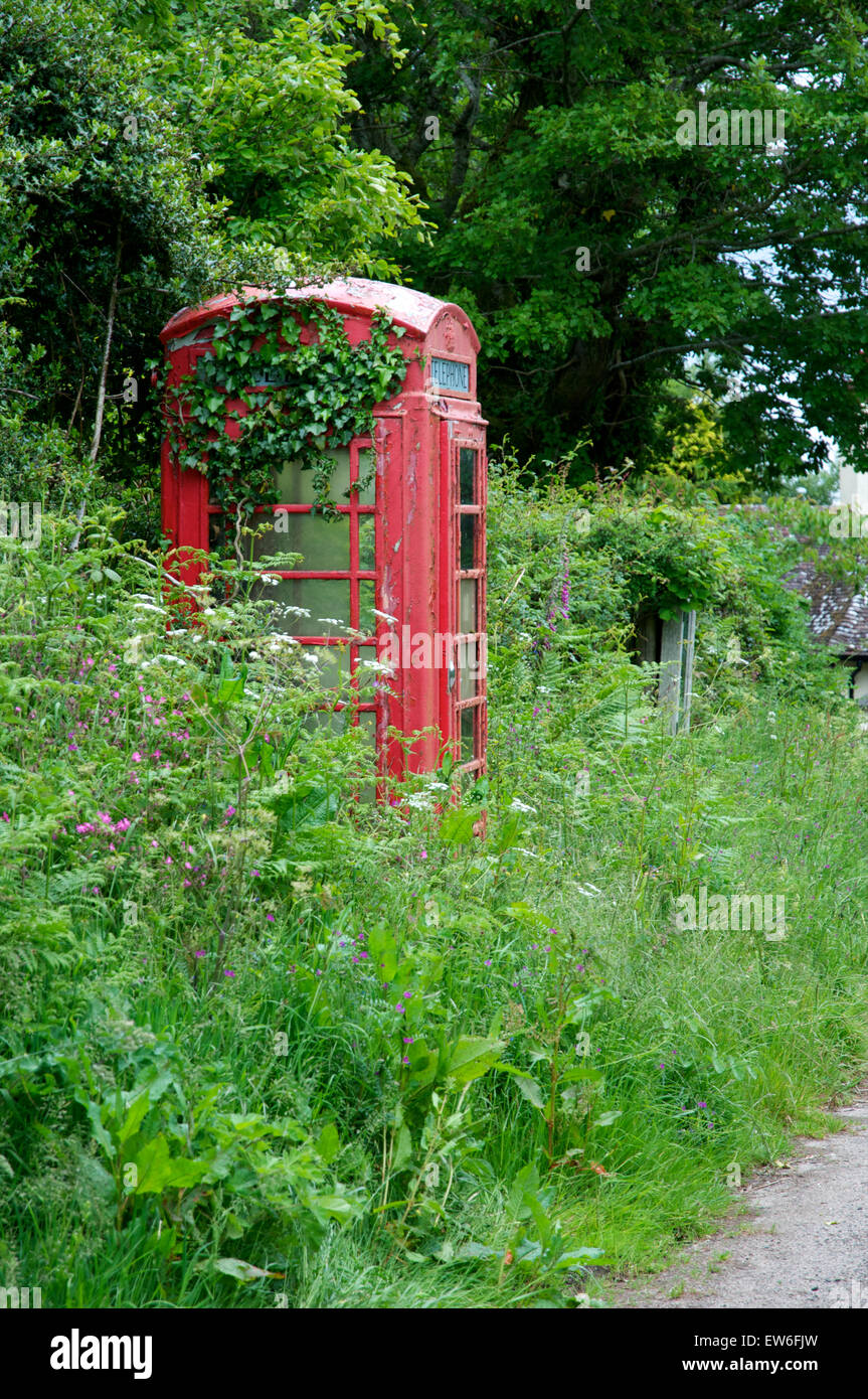 Iconic BT red telephone box in rural Devon (Dartmoor) showing decay ...