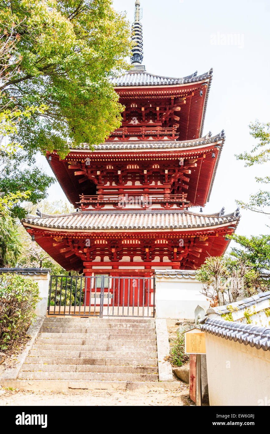 Japan, Onomichi, Saikokuji temple. Flight of stone steps and dobei ...