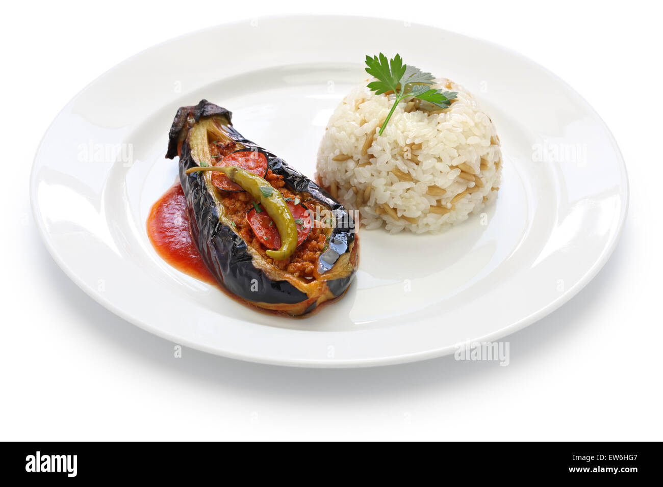 karniyarik pilav, stuffed eggplant with pilaf, turkish cuisine isolated ...