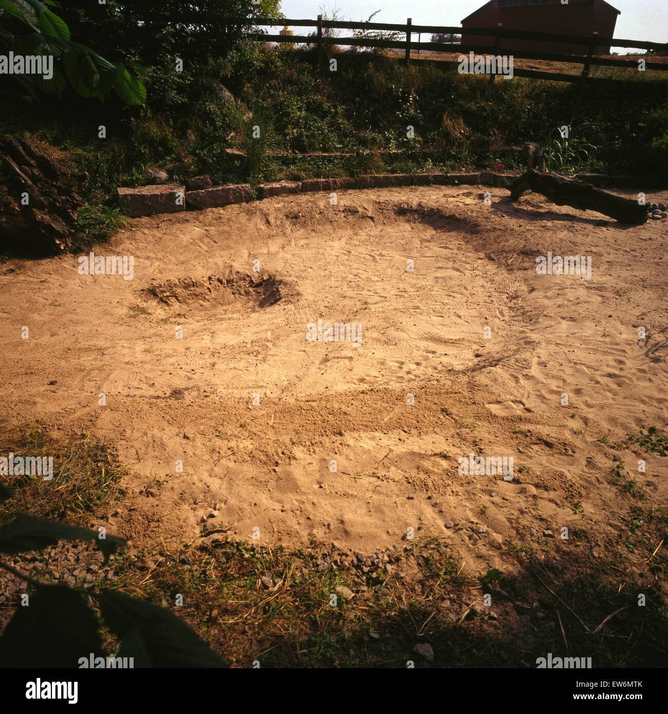 Dug out circular sandy area in preparation for making a pond Stock ...