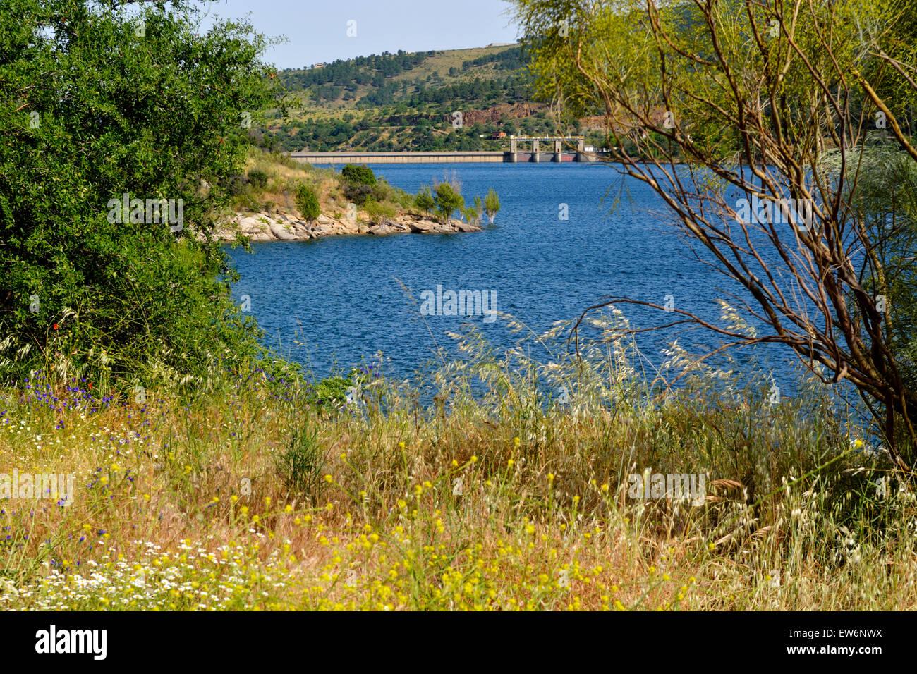 Dam along Río Alberche with water of reservoir Embalse del Burguillo ...