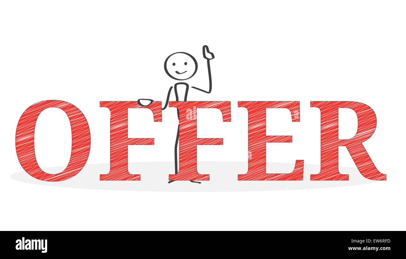 Attention concept illustration with small ink style cartoon man, offer ...