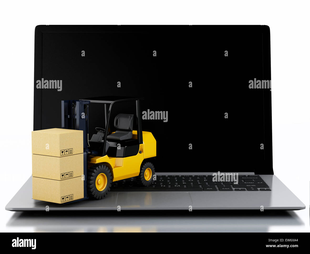 3d illustration. Laptop with Forklift truck and boxes. Concept of ...