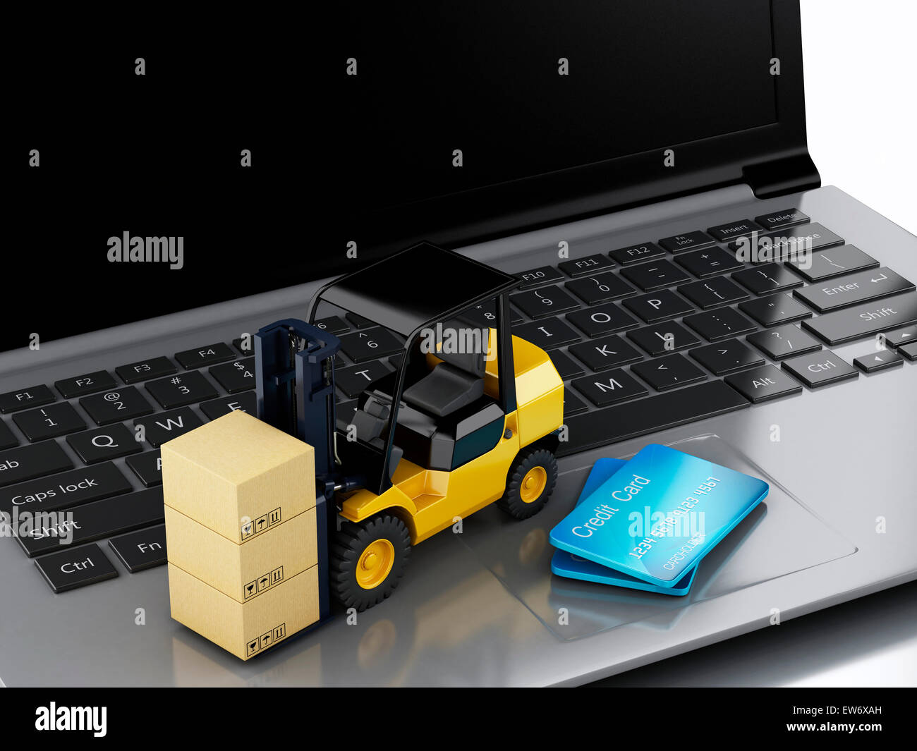 3d illustration. Laptop with Forklift truck and boxes. Concept of ...
