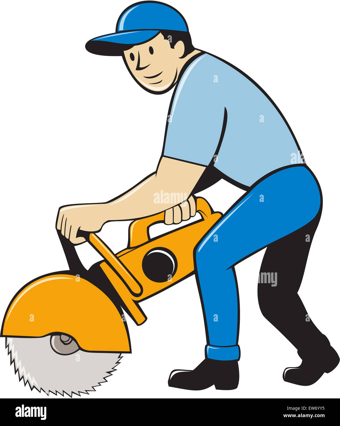 Illustration of a construction worker standing with concrete saw consaw ...