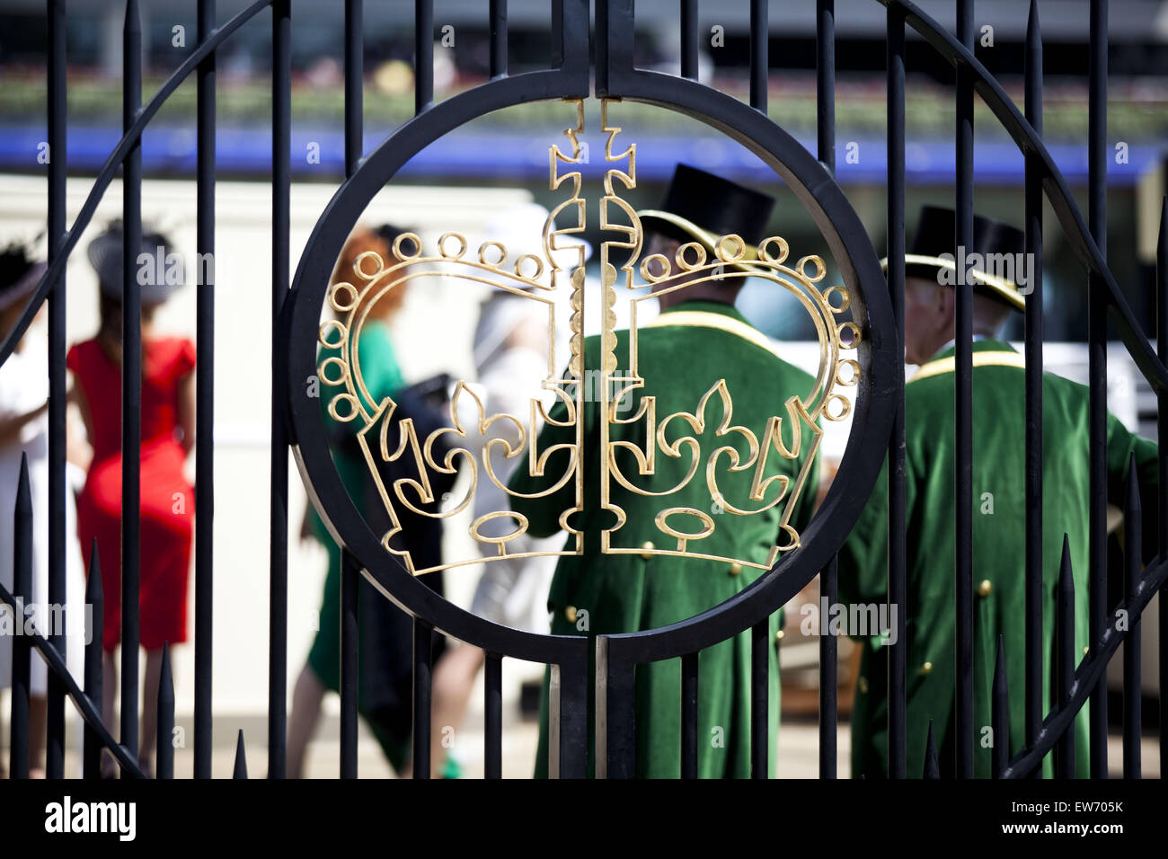 Ascot, UK. 18th June, 2015. Royal signage in a gate to the horse track ...