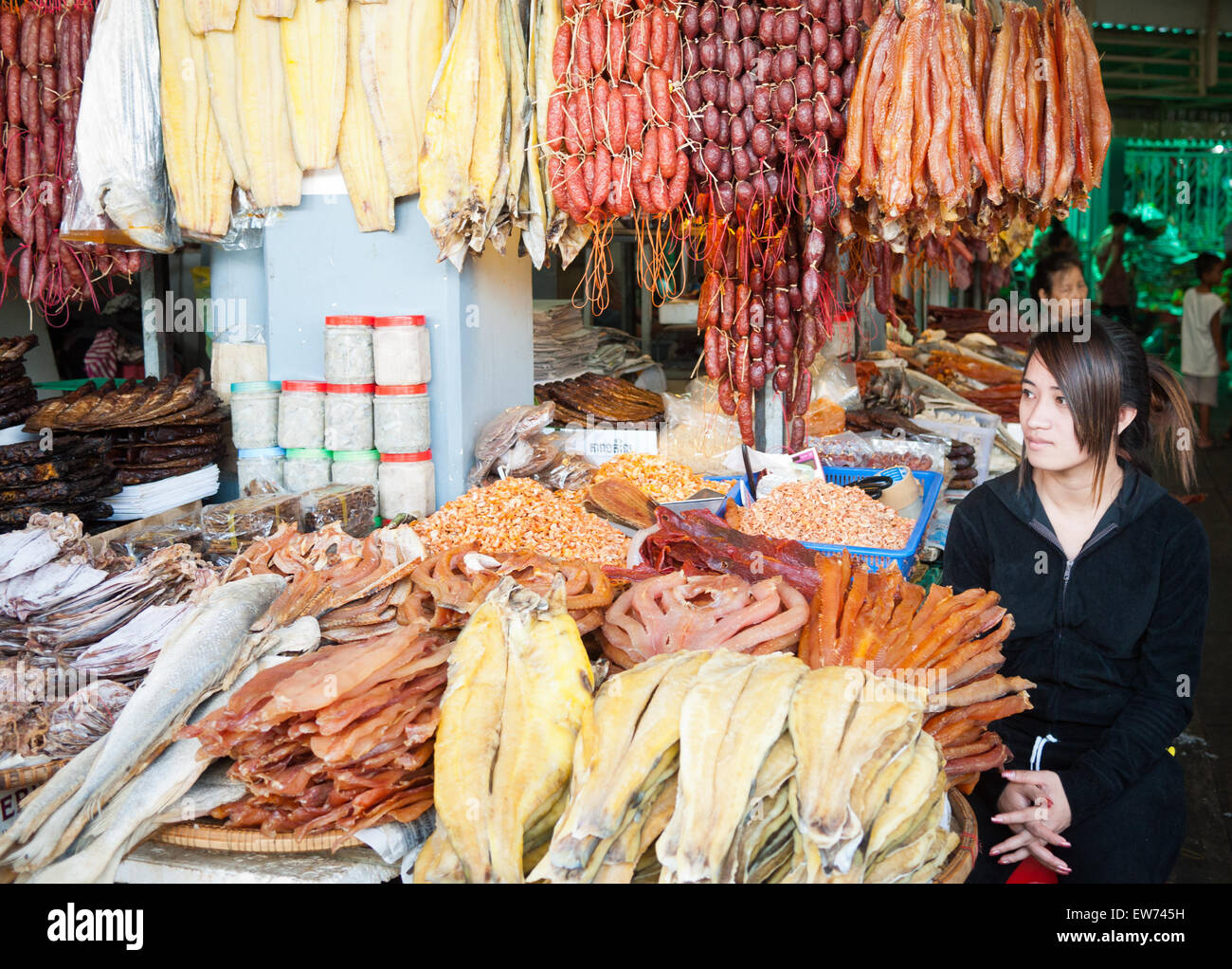 A dried fish and meat vendor at the Central Market (aka Psah Thom Thmey ...