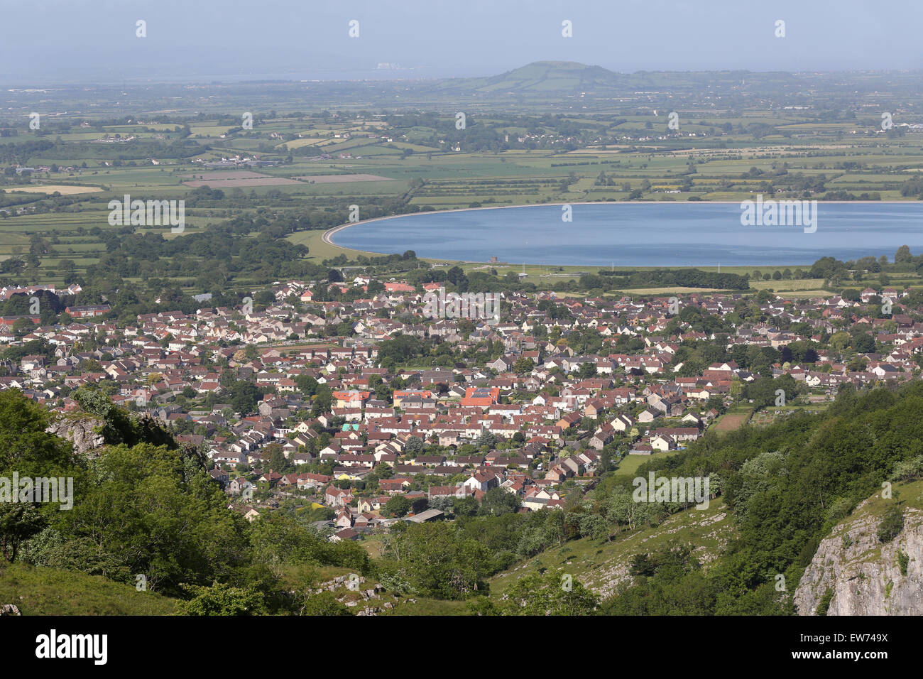 View of the Somerset village of Cheddar and it's reservoir on a bright ...