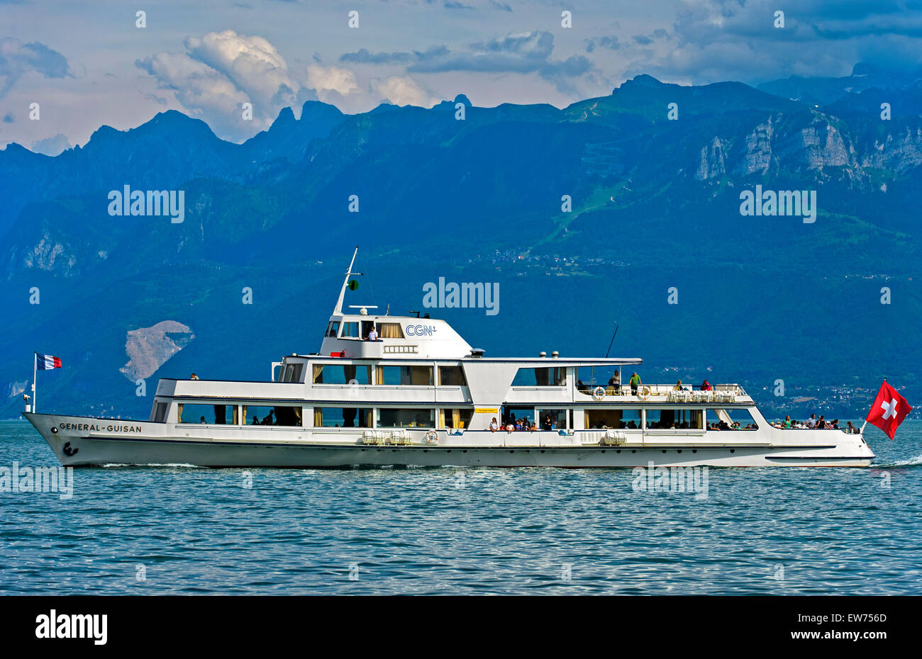 Motor boat Guisan of the company CGN cruising on Lake Geneva at the ...