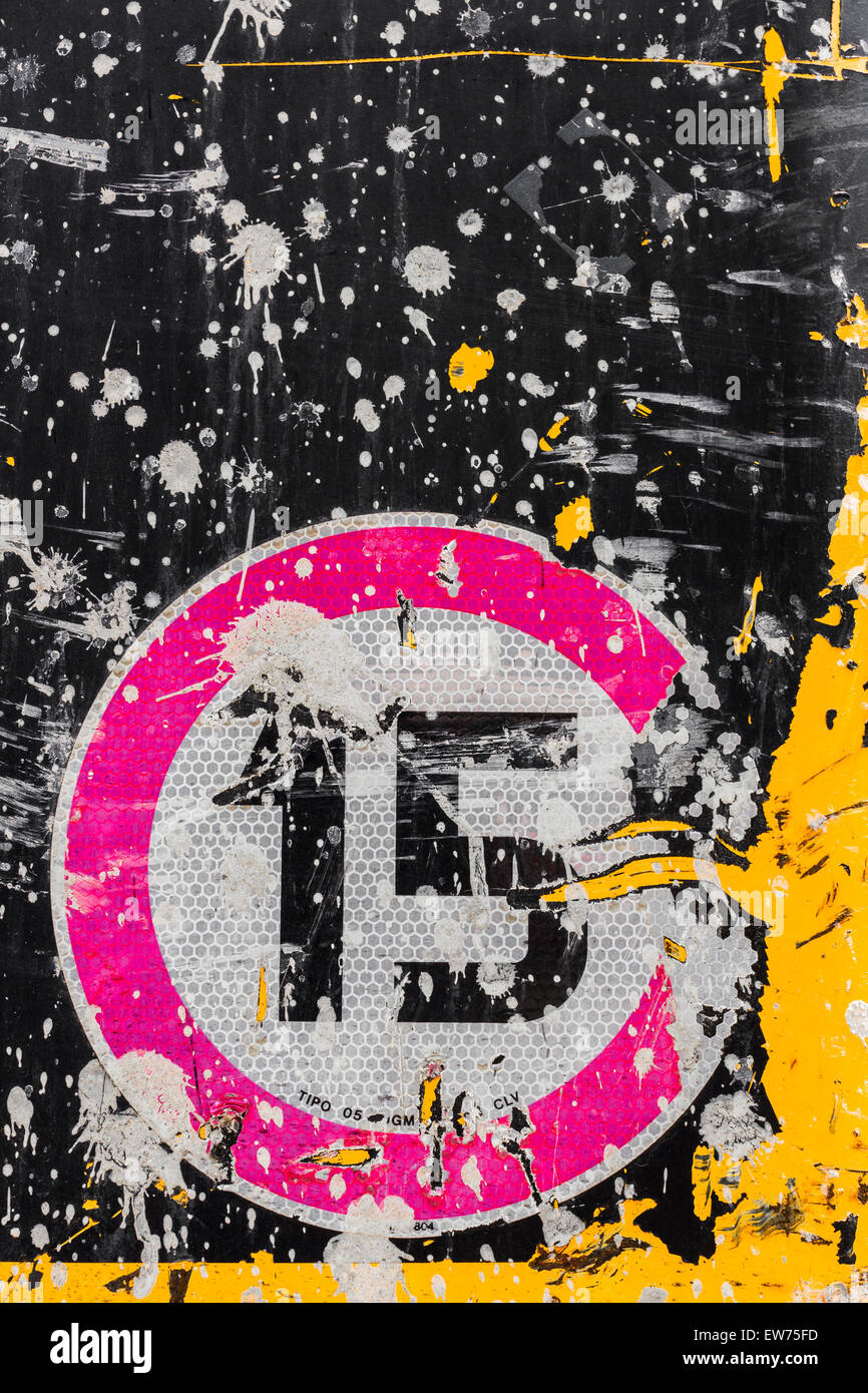 Graphics processing, urban grunge style, of a road sign of speed limit ...