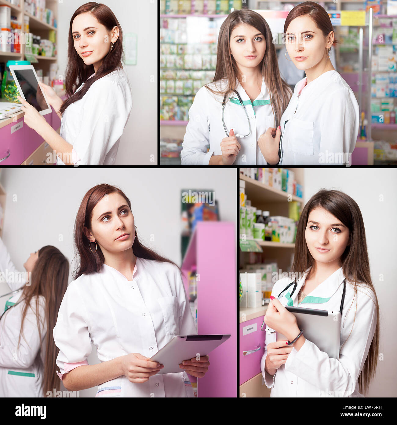 Collage of photos of pharmacist woman with digital tablet in hands ...