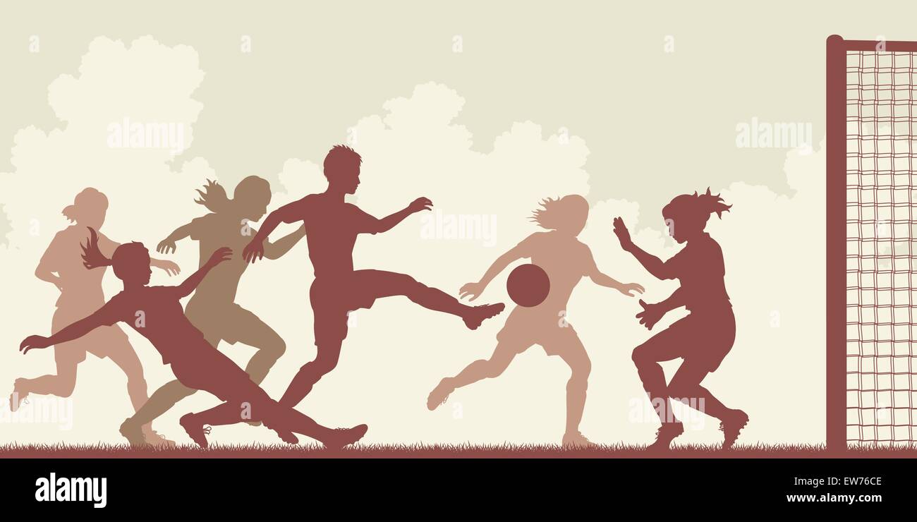 EPS8 editable vector cutout illustration of action in a ladies football ...