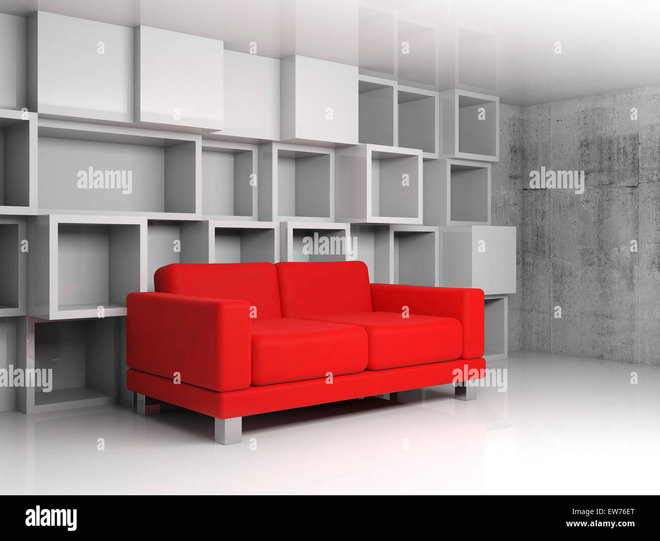 Abstract interior, room fragment with white cubic shelves decoration on ...