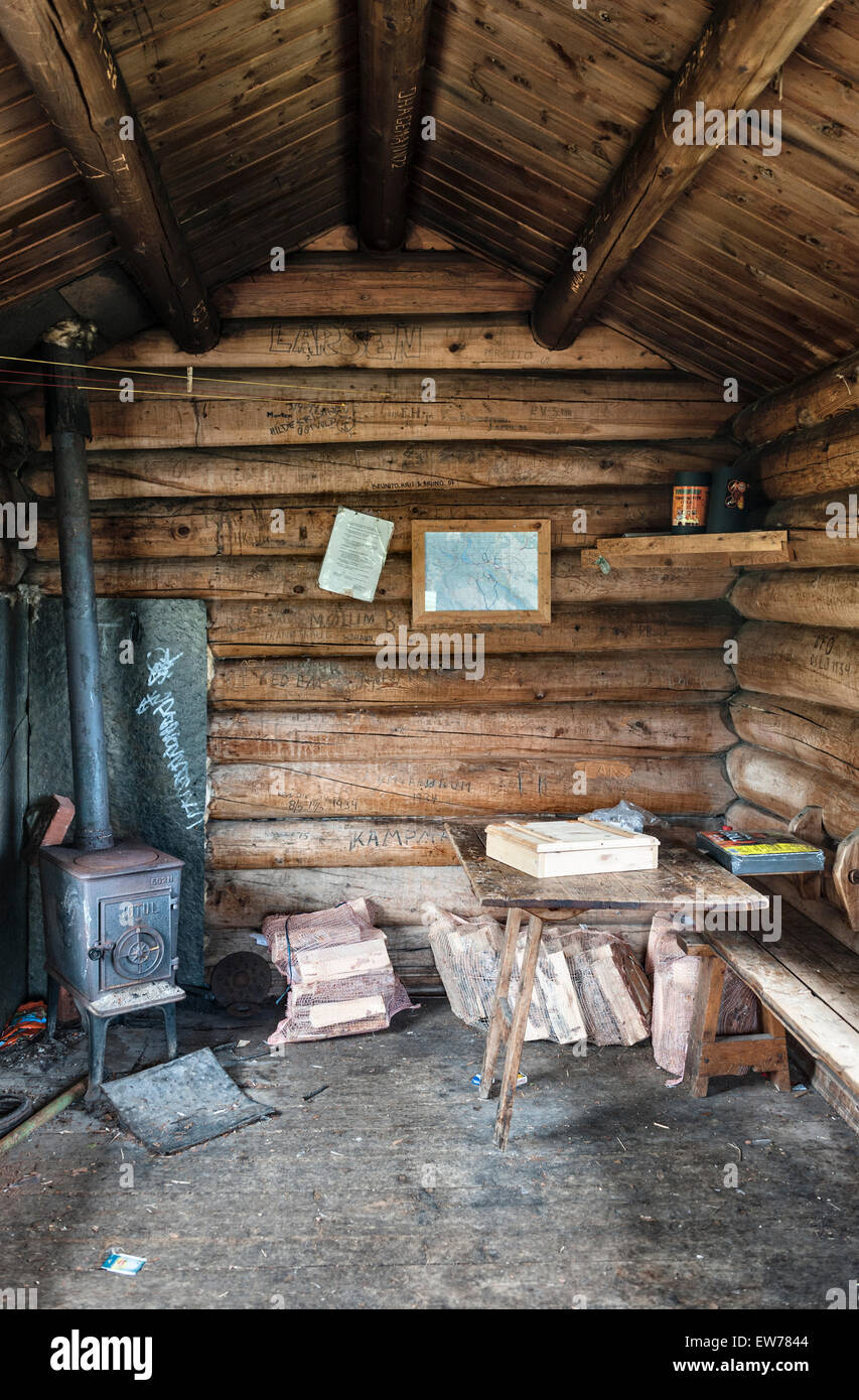 Norway. A mountain hut or hiking cabin in the rugged mountainous ...