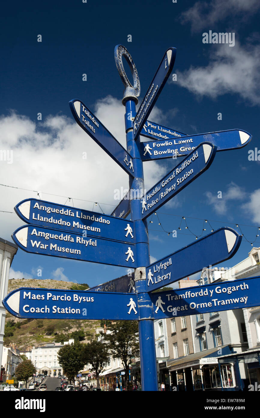 UK, Wales, Conwy, Llandudno, tourist information signpost at Mostyn ...