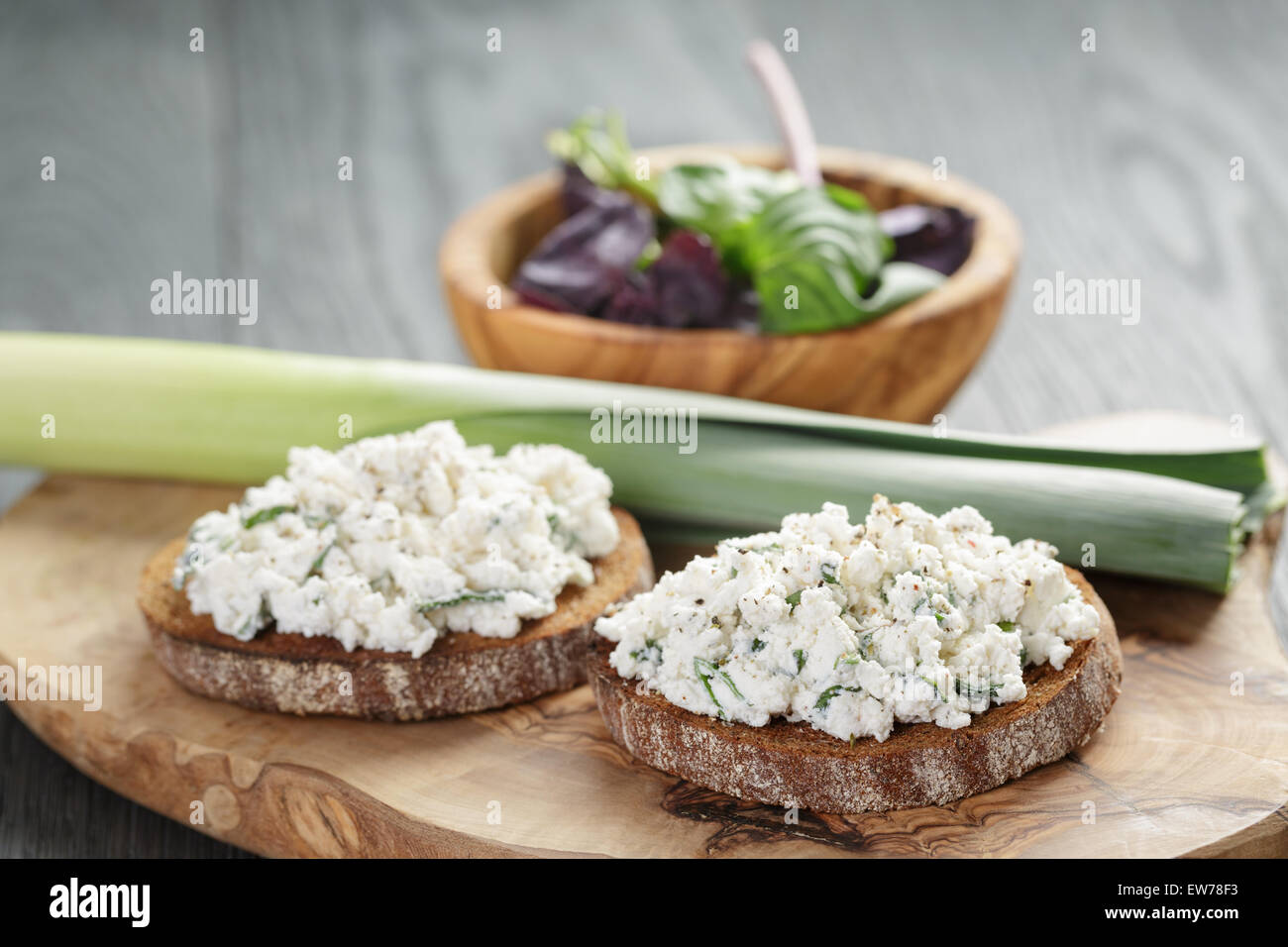 rye sandwiches or bruschetta with ricotta cheese and herbs Stock Photo ...