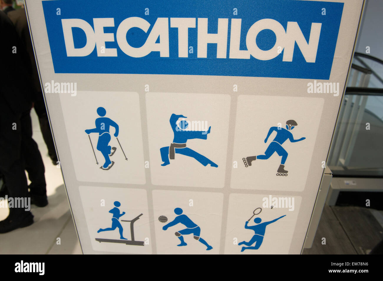 Berlin, Germany. 18th June, 2015. A stand-up display reading 'Decathlon ...