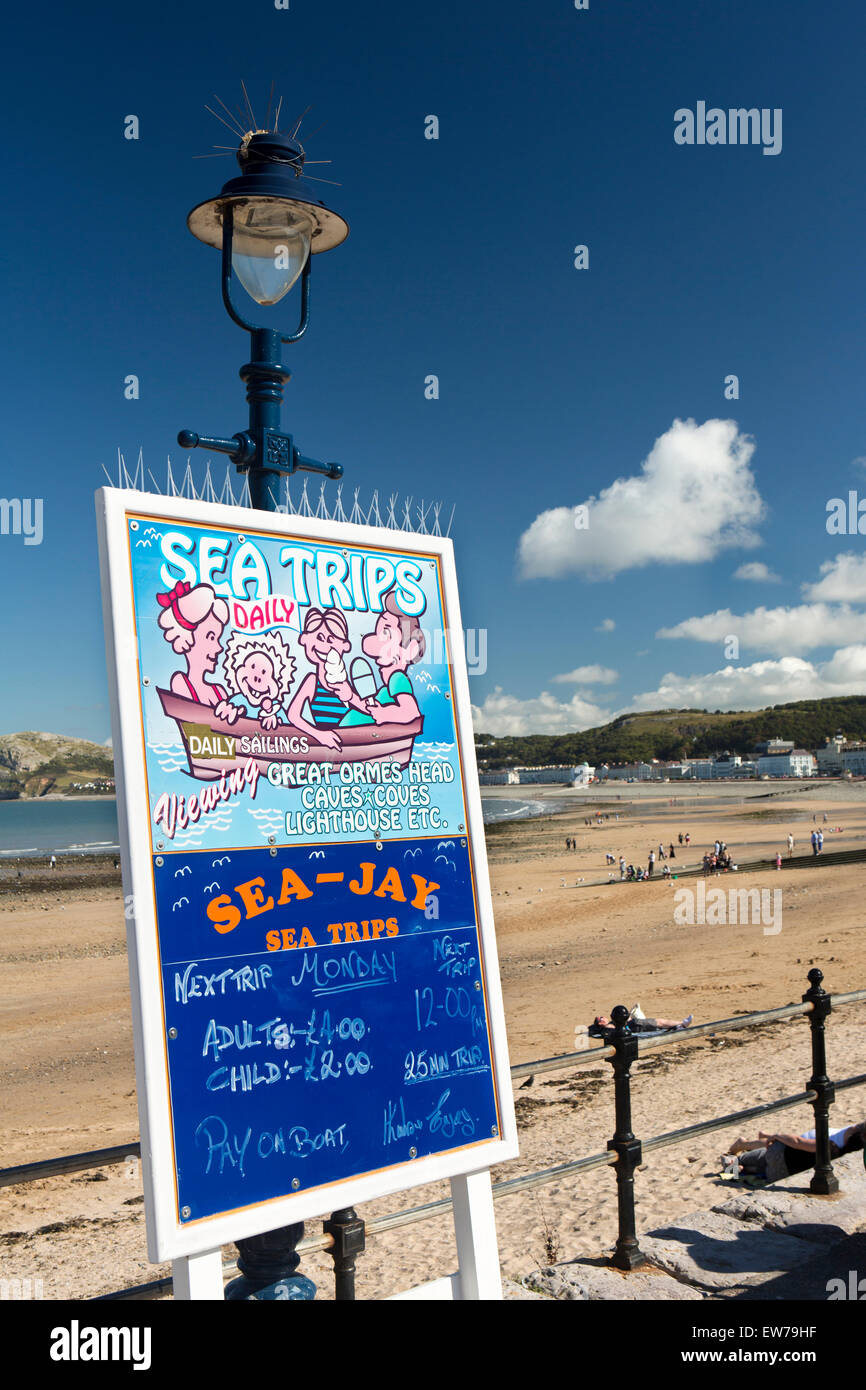 UK, Wales, Conwy, Llandudno, promenade boat trip advertisement sign at ...