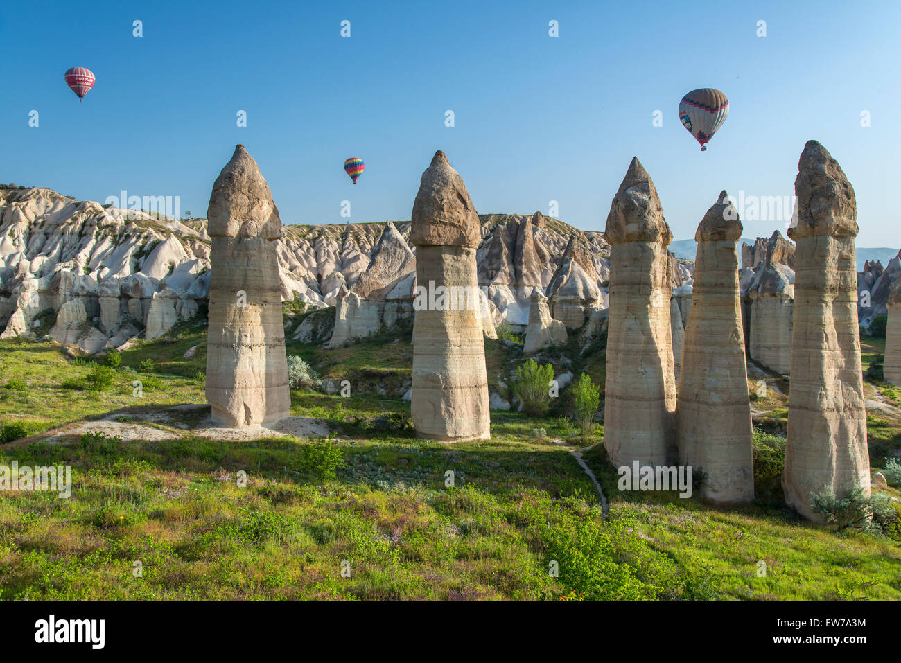Scenic fairy chimneys landscape with hot air balloons, Goreme ...