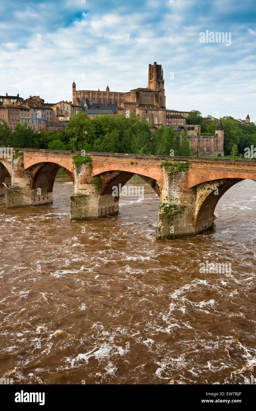 View across the old bridge over the River Tarn to the cathedral of ...
