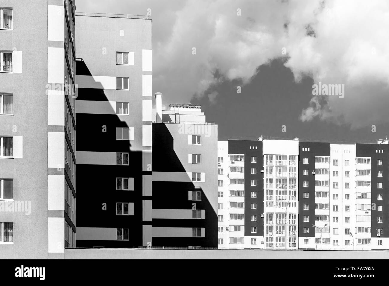 Monochrome style modern public housing apartment buildings with shadow ...
