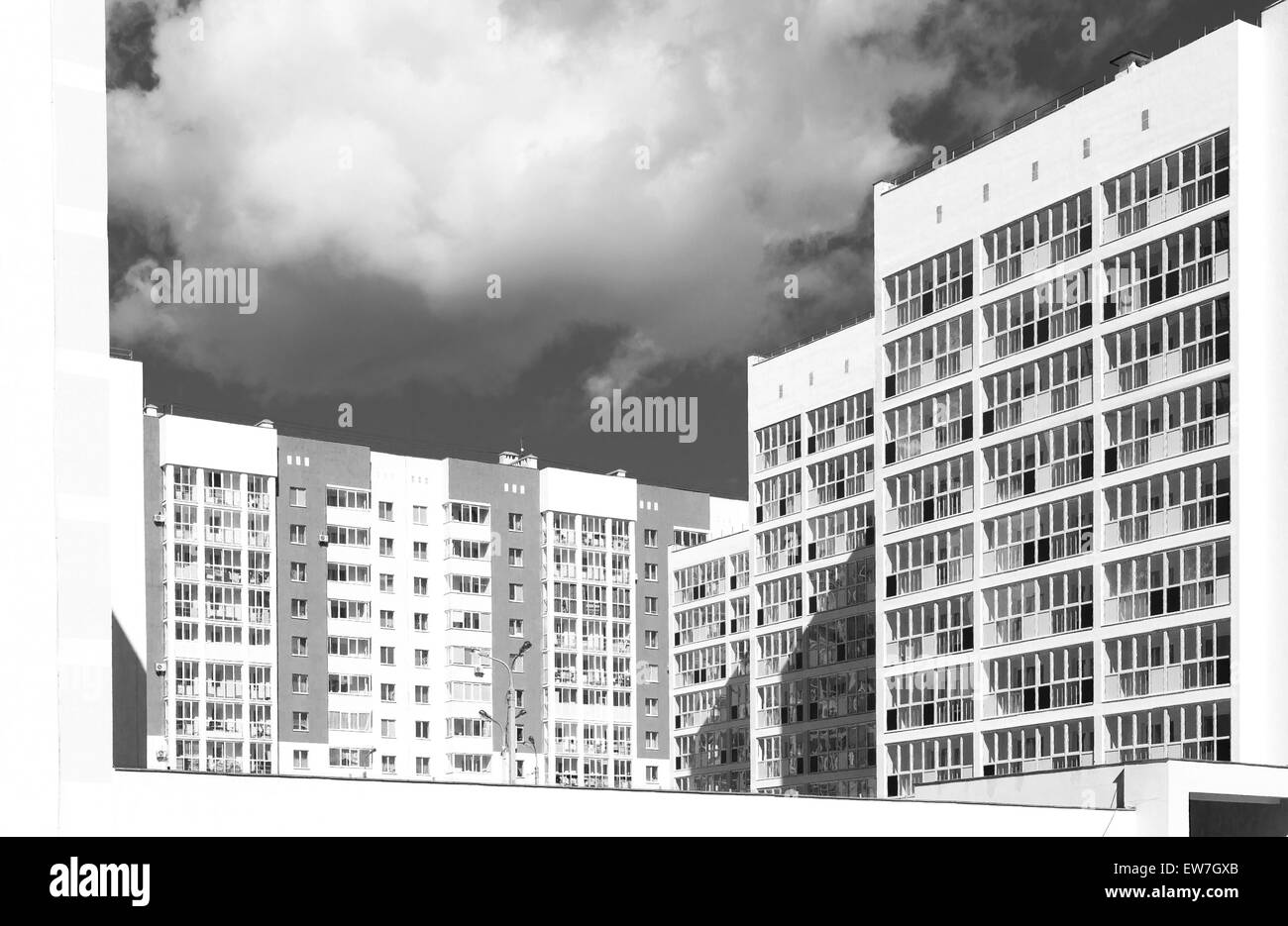 Monochrome style modern public housing apartment buildings with shadow ...