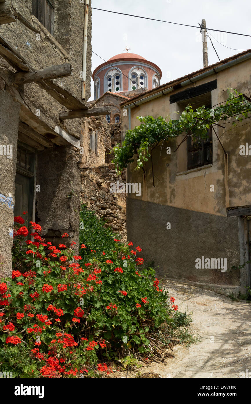 Alley with flowers in Volissos, one of the most beautiful villages on ...