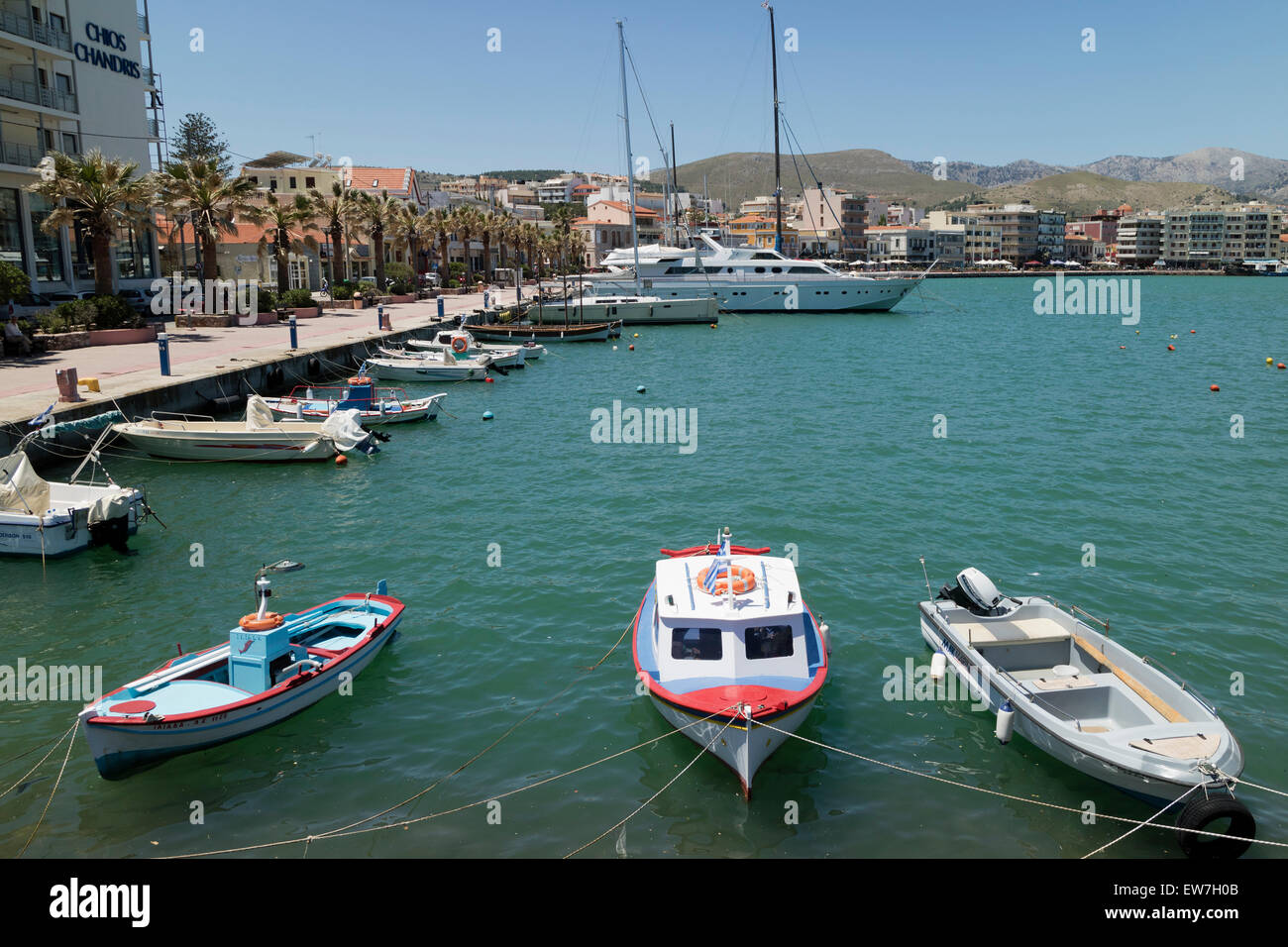 Boats in the harbour of the city of Chios on the isle of Chios, Greece ...
