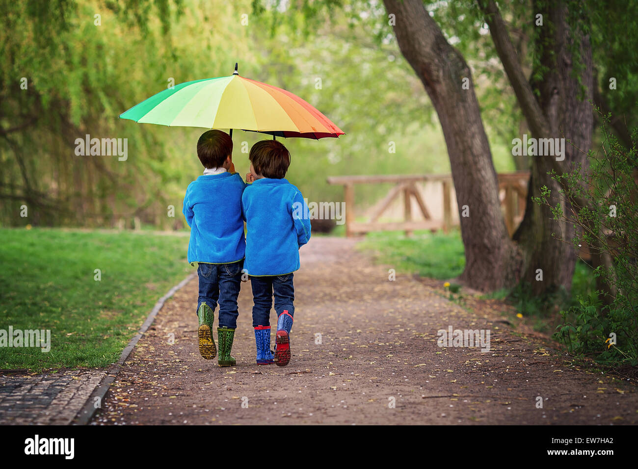 Two adorable little boys, walking in a park on a rainy day, playing and ...