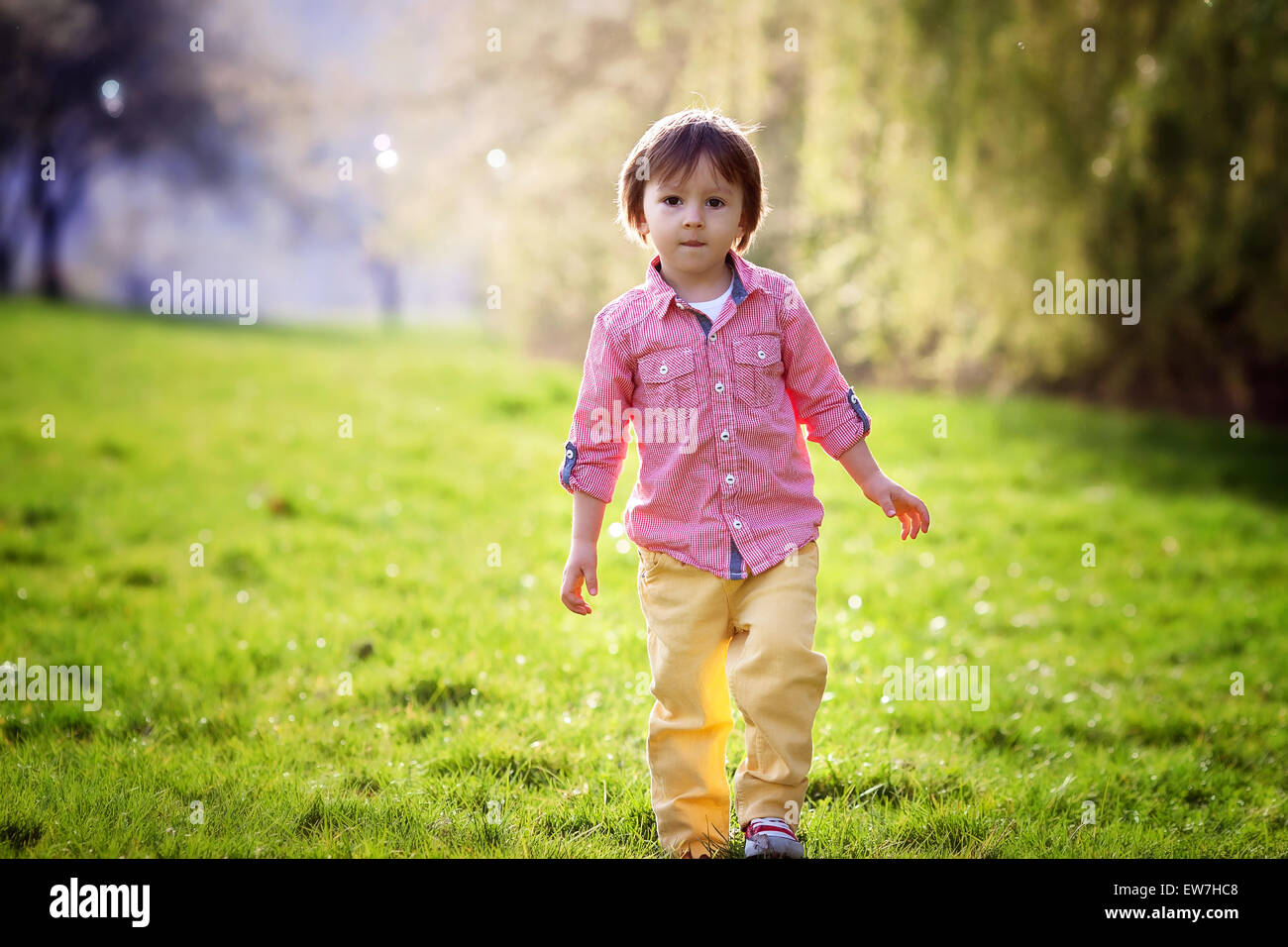 Little boy, running in the park, chasing soap bubbles, nice afternoon ...