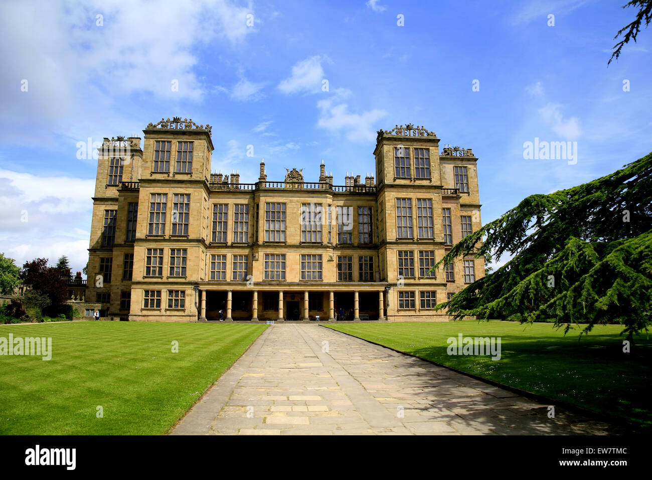 HARDWICK, DERBYSHIRE, UK. JUNE 18, 2015. The front and main facade of ...