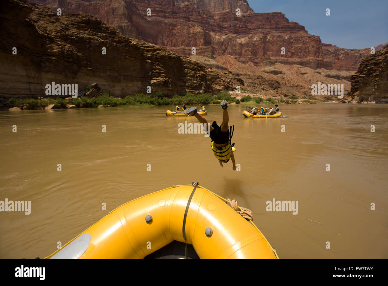 Person diving off of a raft in a river deep in a canyon Stock Photo - Alamy