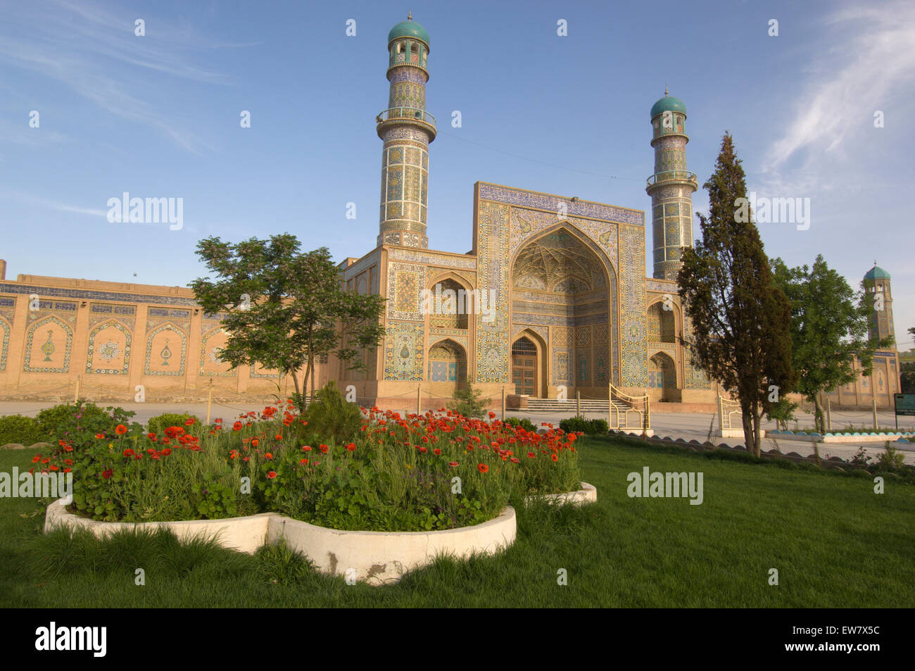 Flowers bloom in the gardens by the main entrance to the Friday Mosque ...