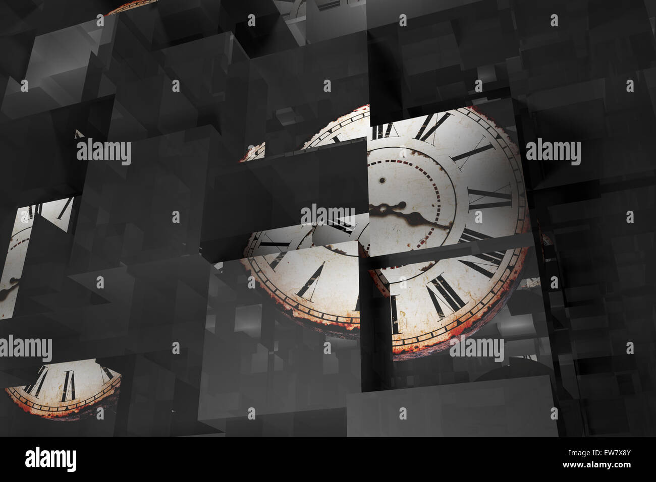 3d rendering of an abstract composition of the reflection of a clock on ...