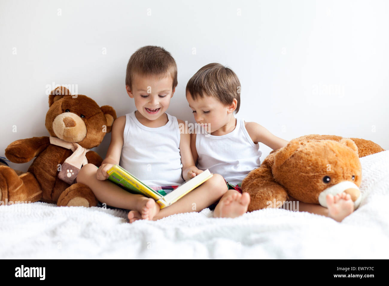 Two boys with teddy bears around, reading a book, educating themselves ...