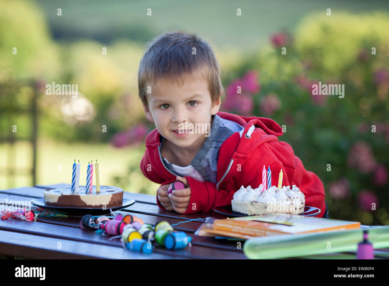 Cute boy, celebrating his fifth birthday outdoor Stock Photo - Alamy