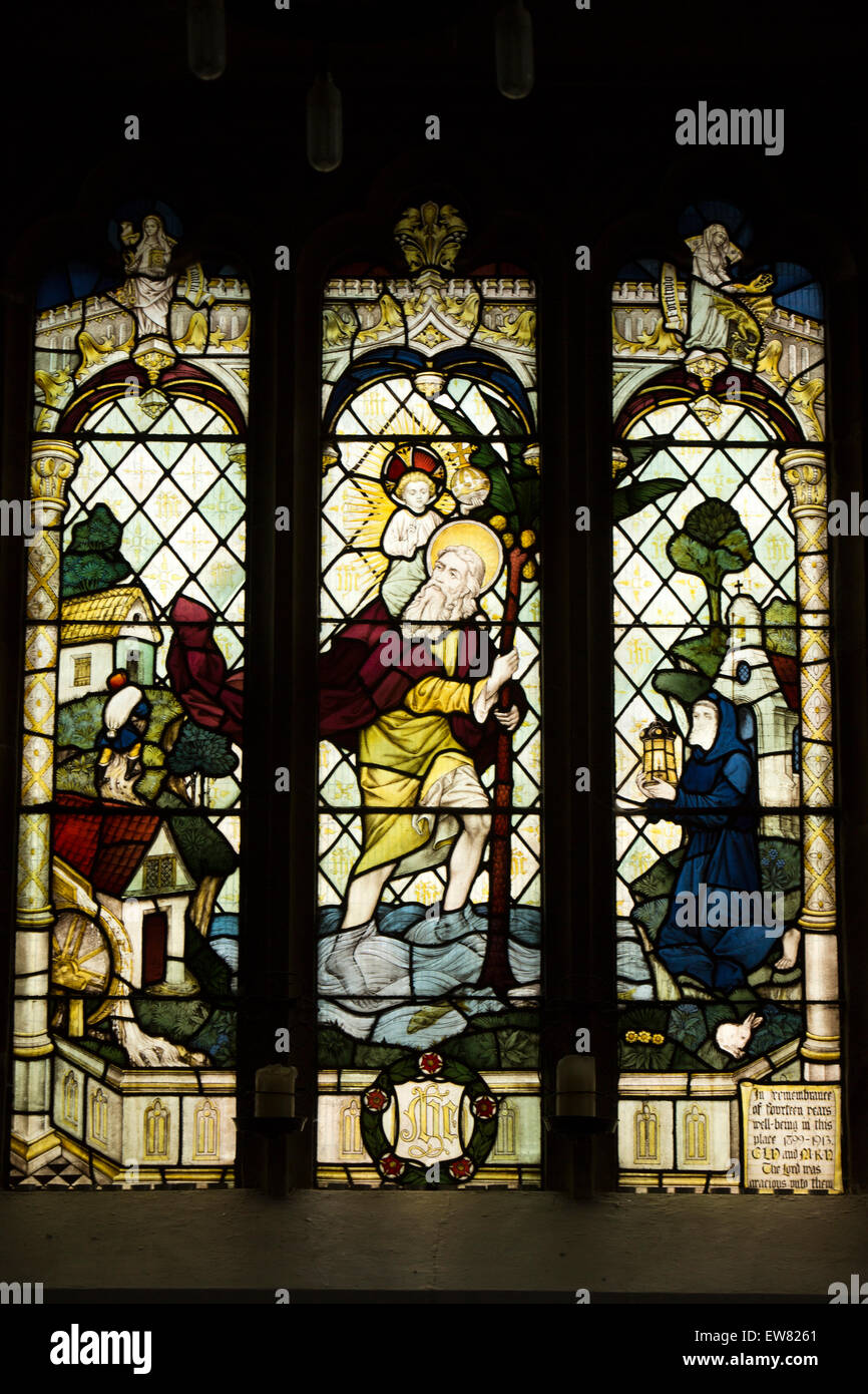 UK, England, Cheshire, Pott Shrigley, church, Saint Christopher window ...