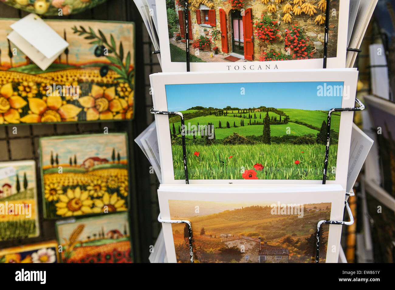 Postcards and plates showing typical Tuscany countryside of sunflowers ...