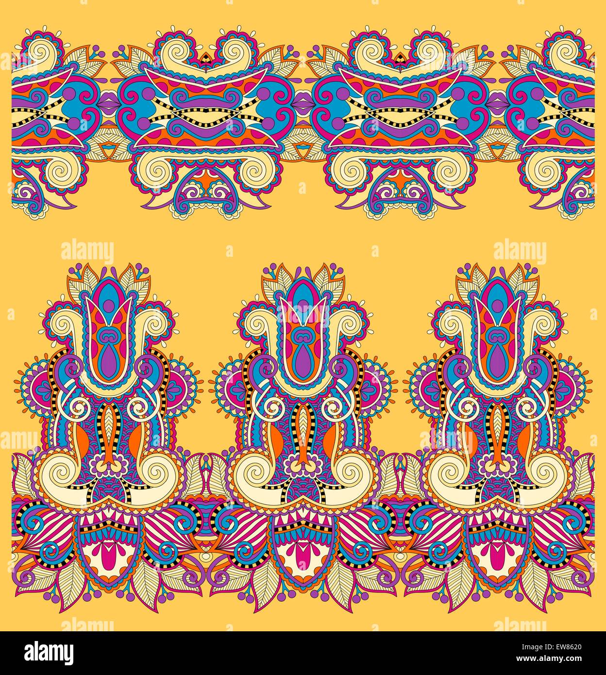 seamless ethnic floral paisley stripe pattern, border set, yello Stock ...