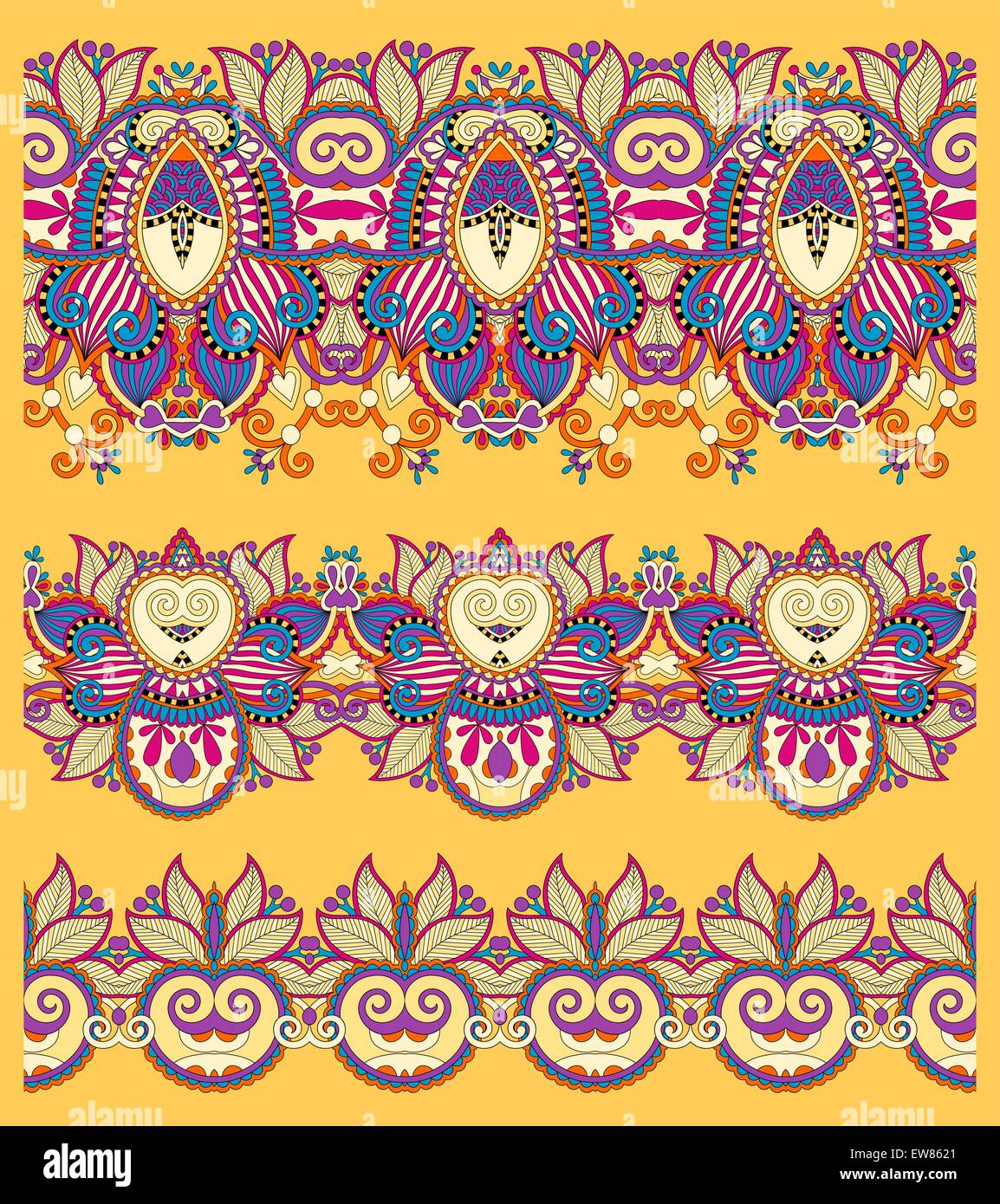 seamless ethnic yellow paisley stripe pattern, border set Stock Vector ...