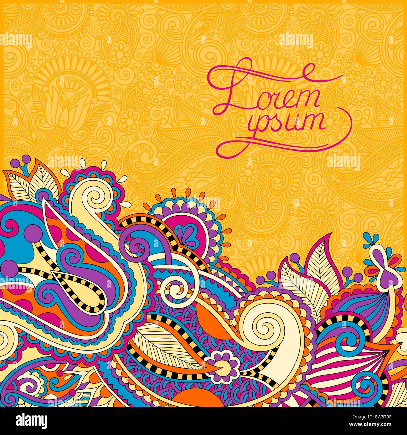 yellow paisley design on decorative floral background for invita Stock ...