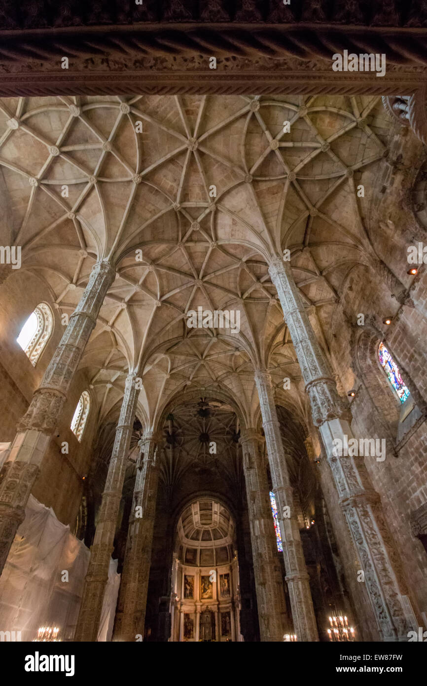 Interior view of the amazing gothic Monastery of Jeronimos landmark ...
