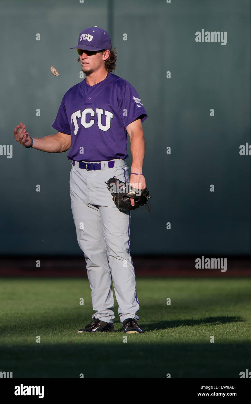 Omaha, NE, USA. 19th June, 2015. TCU outfielder Cody Jones #1 tosses ...