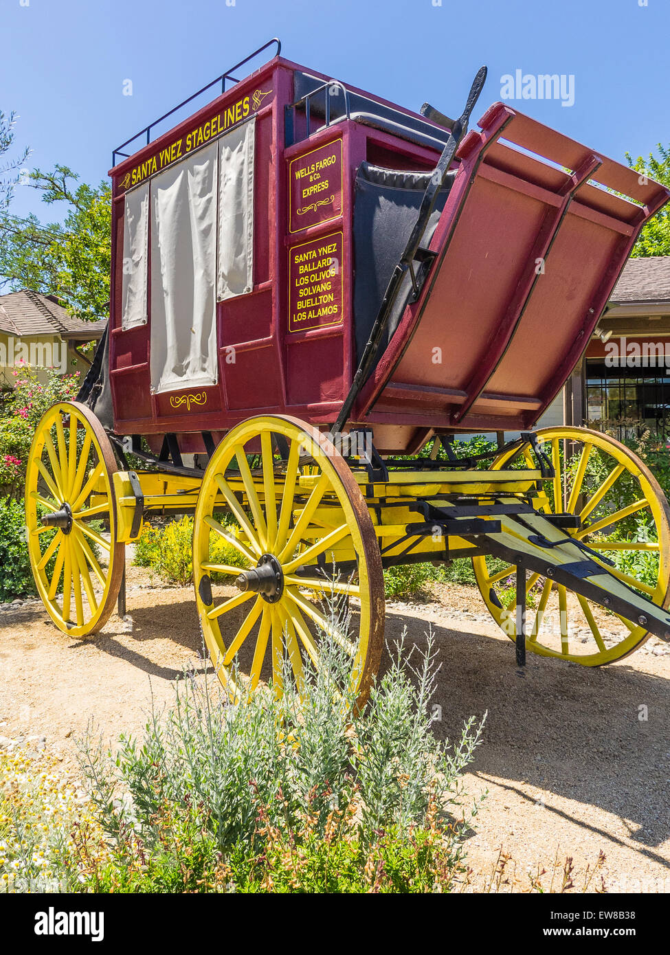 A restored stagecoach that once was a Bodie Stage Line Mud Wagon, a ...