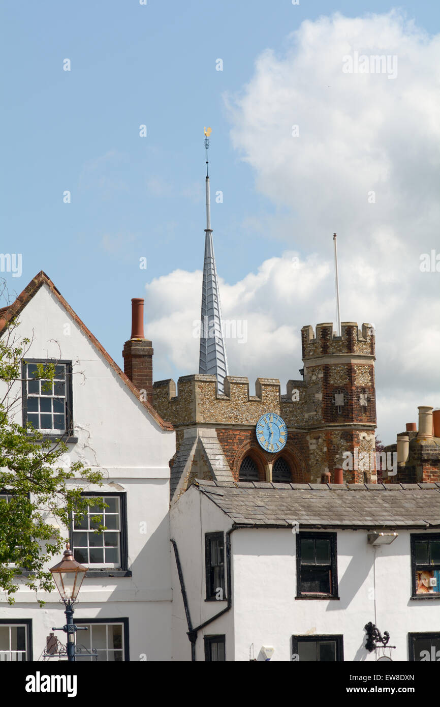 St Marys Church spire tower and clock in Hitchin Hertfordshire England ...