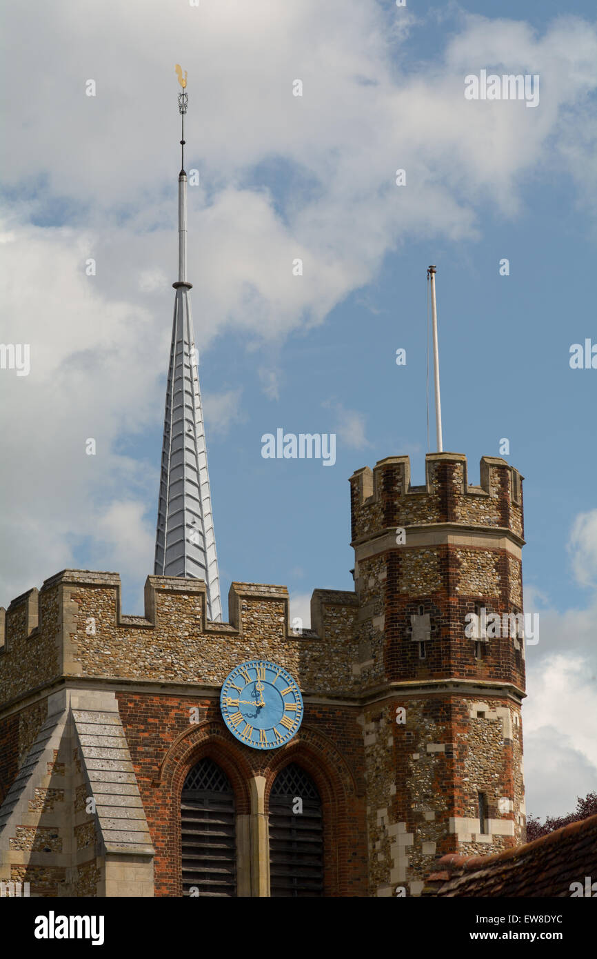 St Marys Church spire tower and clock in Hitchin Hertfordshire England ...