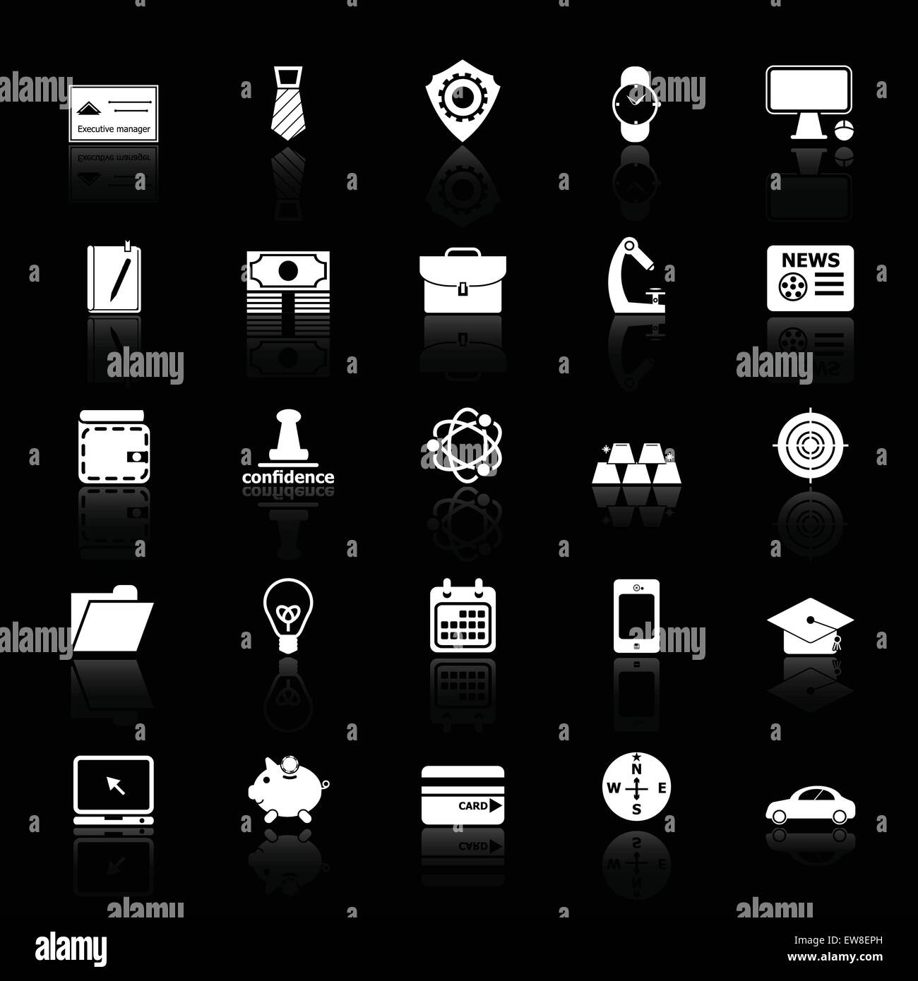 Businessman item icons with reflect on black background, stock vector ...