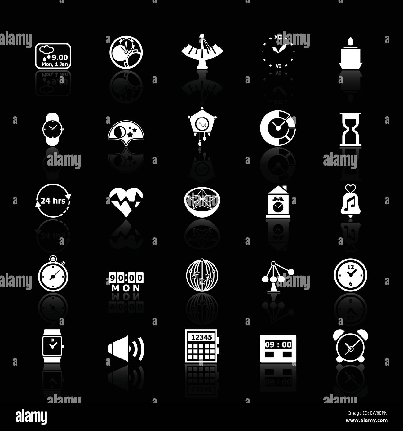 Design time icons with reflect on black background, stock vector Stock ...